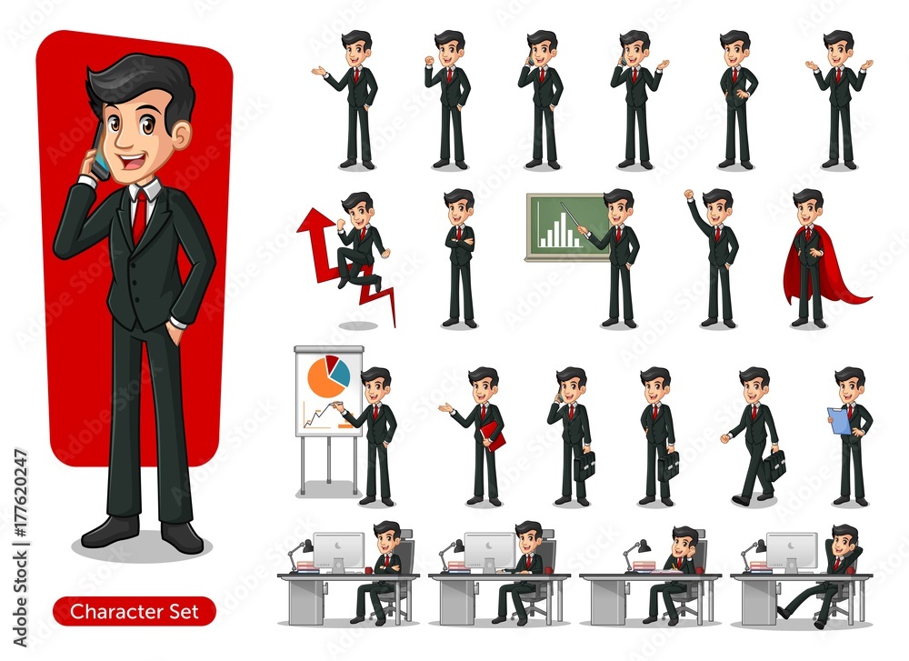 Set Of Businessman Cartoon Character Design With Different Poses Isolated Against White