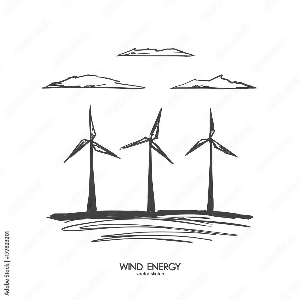 Vector illustration: Hand drawn wind energy on white background. Sketch ...