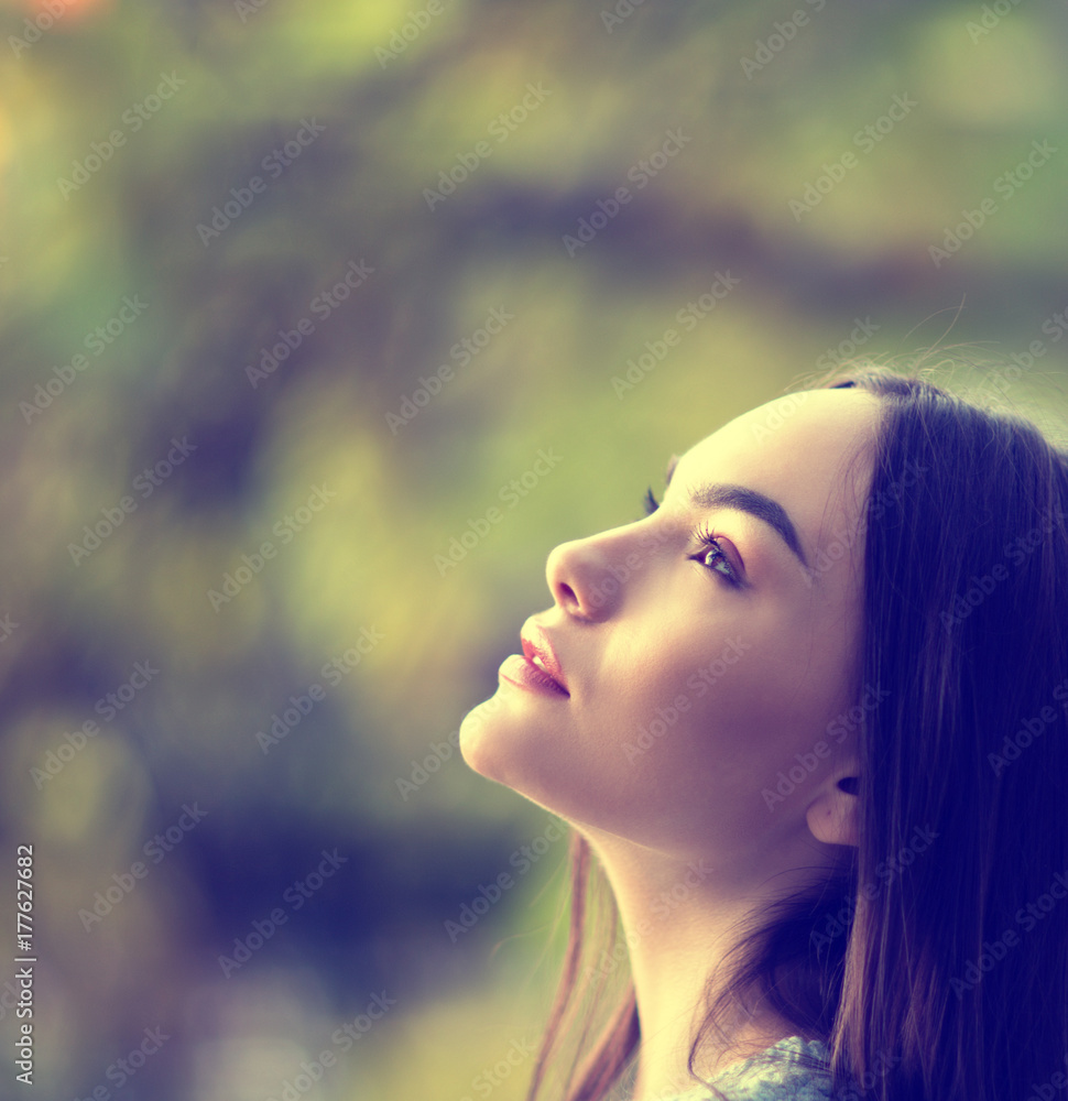 Young model, woman, girl with brunette hair, red lips and beautiful ...