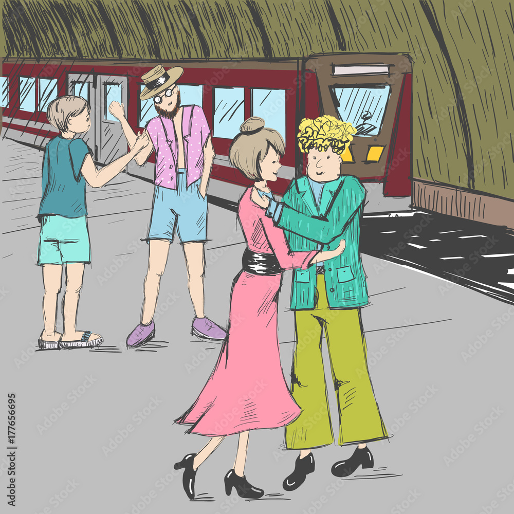 Comic strip. People say goodbye at the subway. A train. A woman is ...