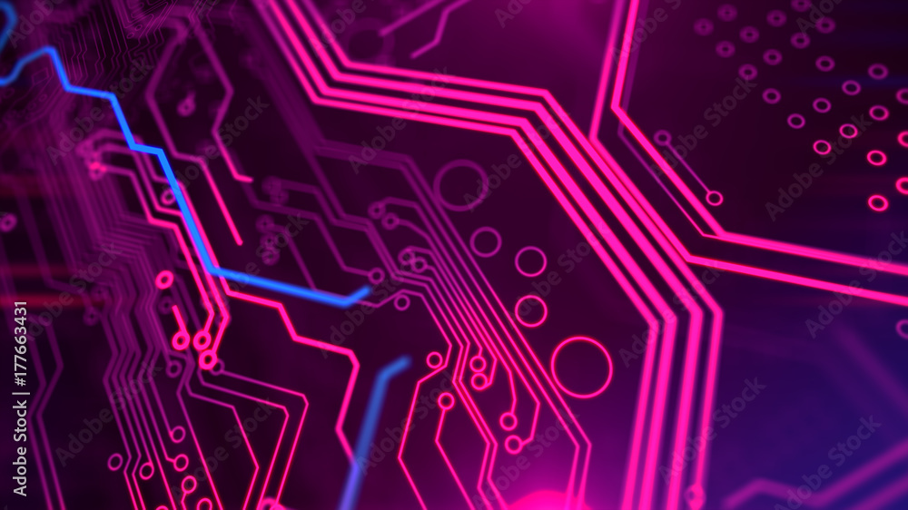 Purple, violet, blue neon background with digital integrated network ...