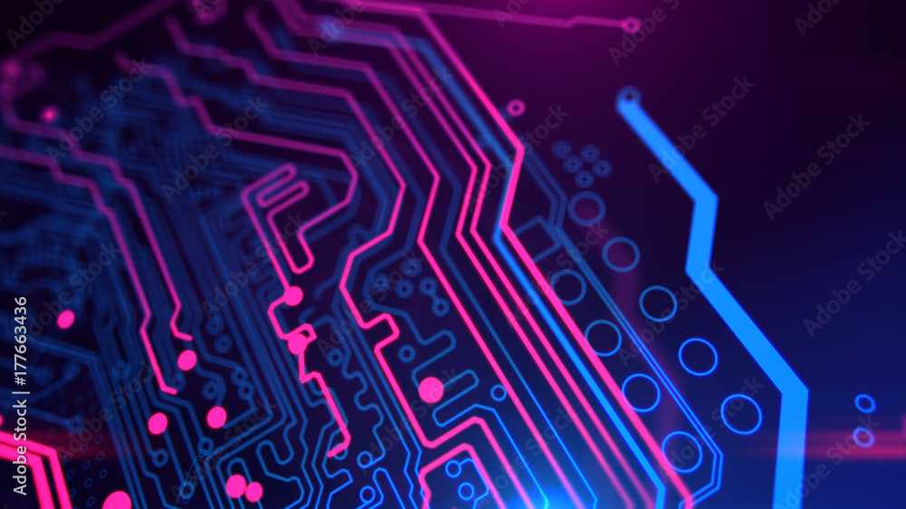 Purple, violet, blue neon background with digital integrated network ...