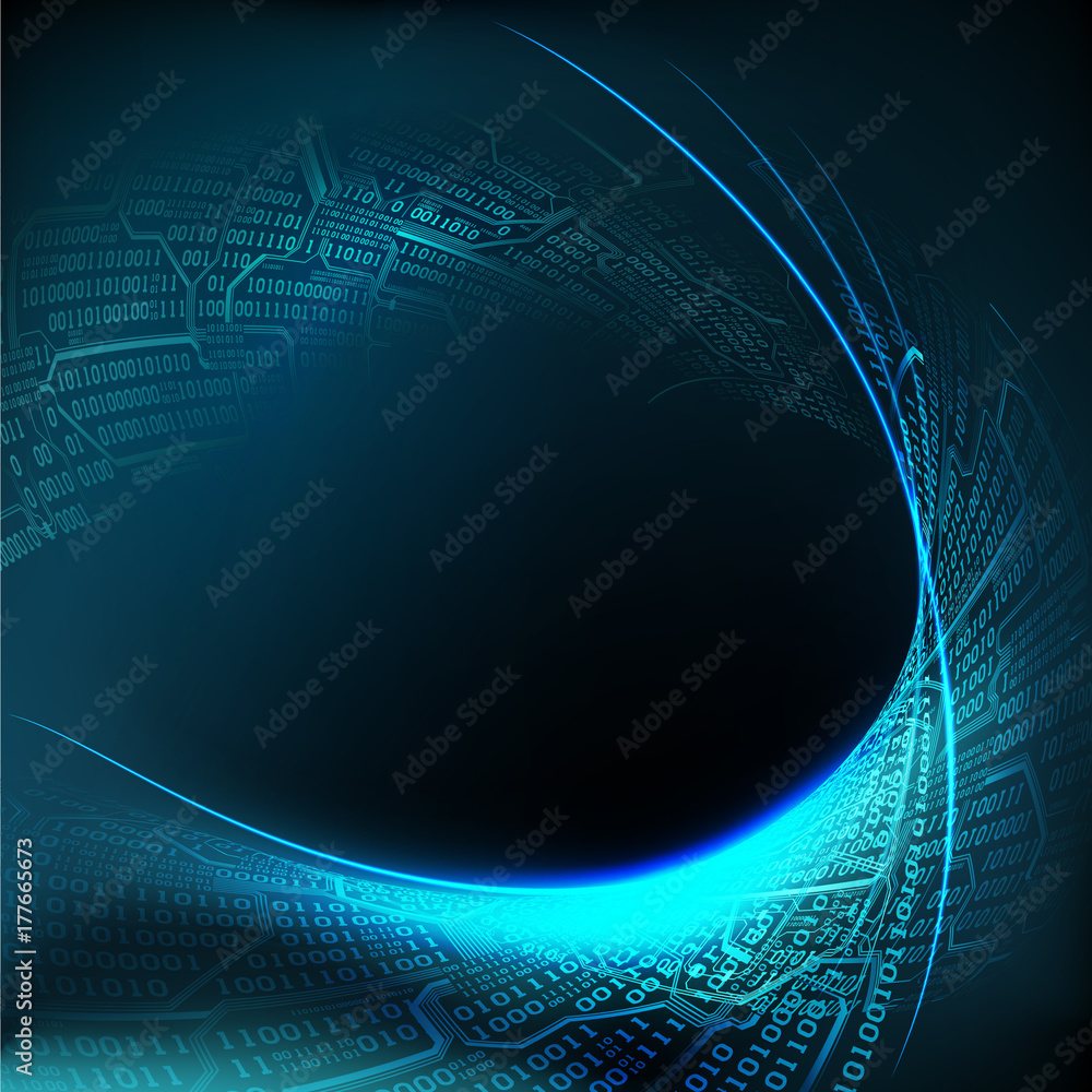 Abstract digital binary background with light lines, code waves, data ...