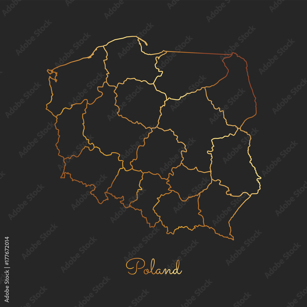 Poland region map: golden gradient outline on dark background. Detailed ...