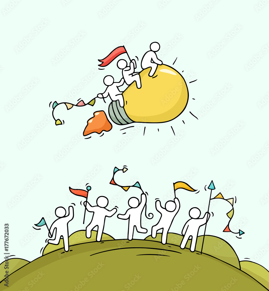 Cartoon happy little people with starting lamp idea. Stock Vector ...