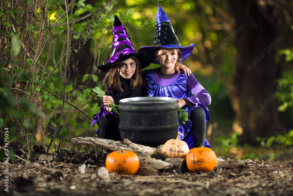 Girls in a costume of witches making magic potion Stock Photo | Adobe Stock