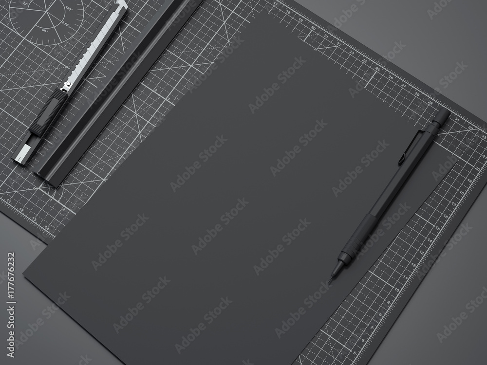 Office cutting board with ruler, pencil and black paper. 3d rendering ...