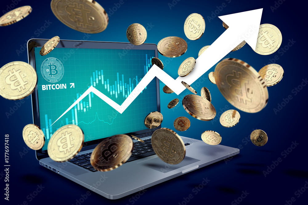 Floating Bitcoin coins against laptop with BTC success chart on-screen ...