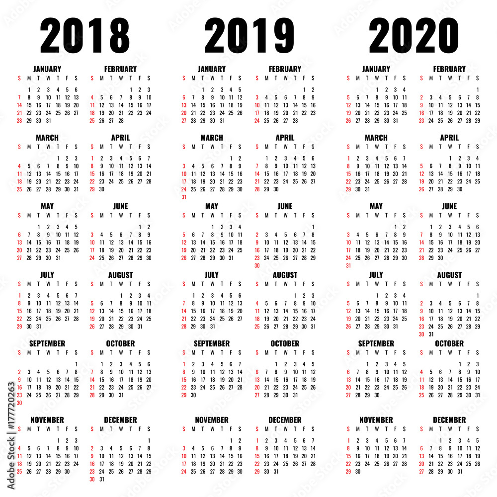 Vector calendar template 2018, 2019 and 2020 years Stock Vector | Adobe ...