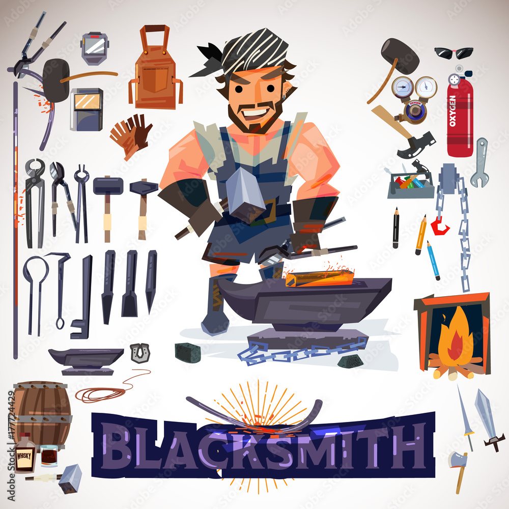 Blacksmith character design with metalwork tools. typographic for ...