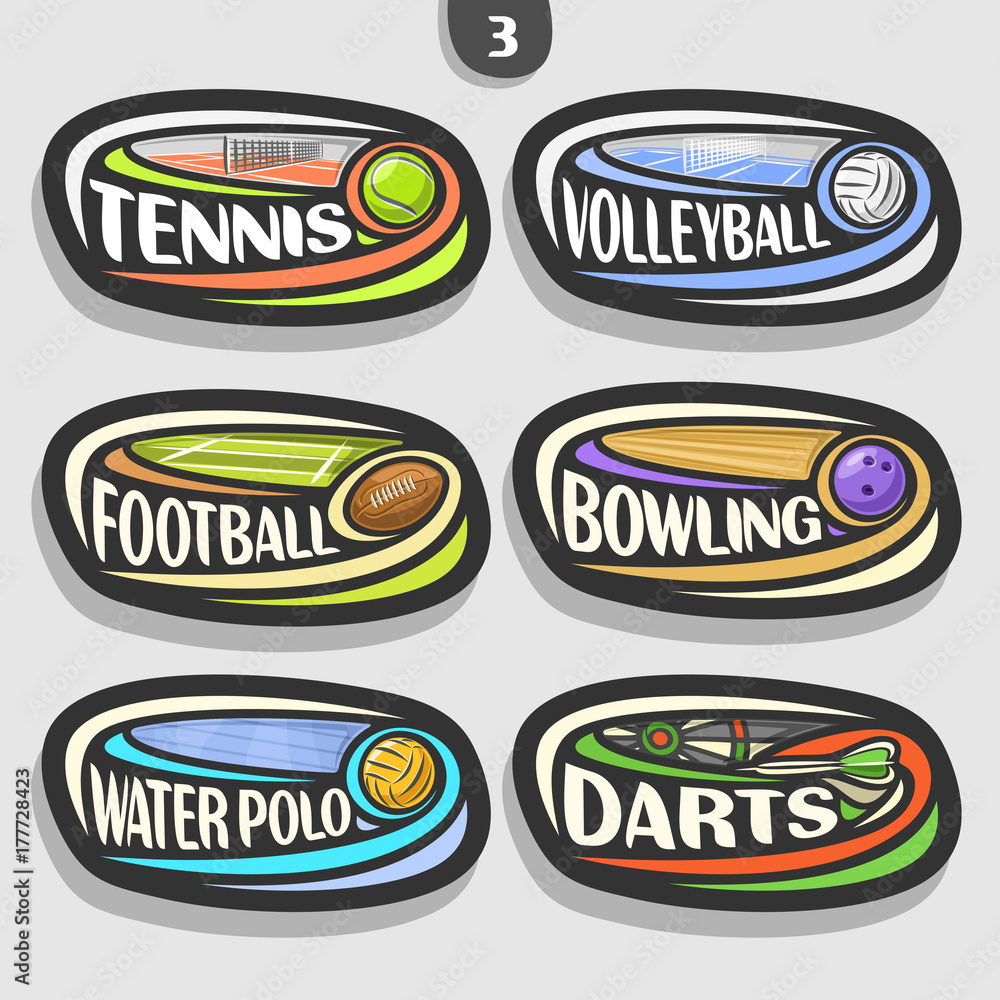 Vector set of sport logos, 6 oval simple badges with flying ball on ...