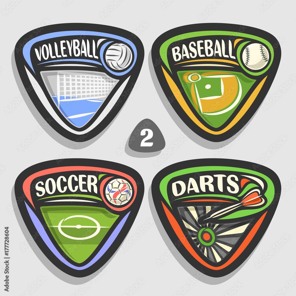 Vector set of sport logos, 4 triangle simple badges with balls, sports ...