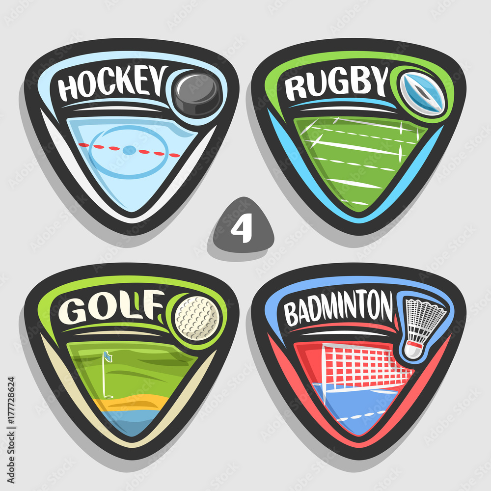 Vector set of sport logos, 4 triangle simple badges with balls, sports ...