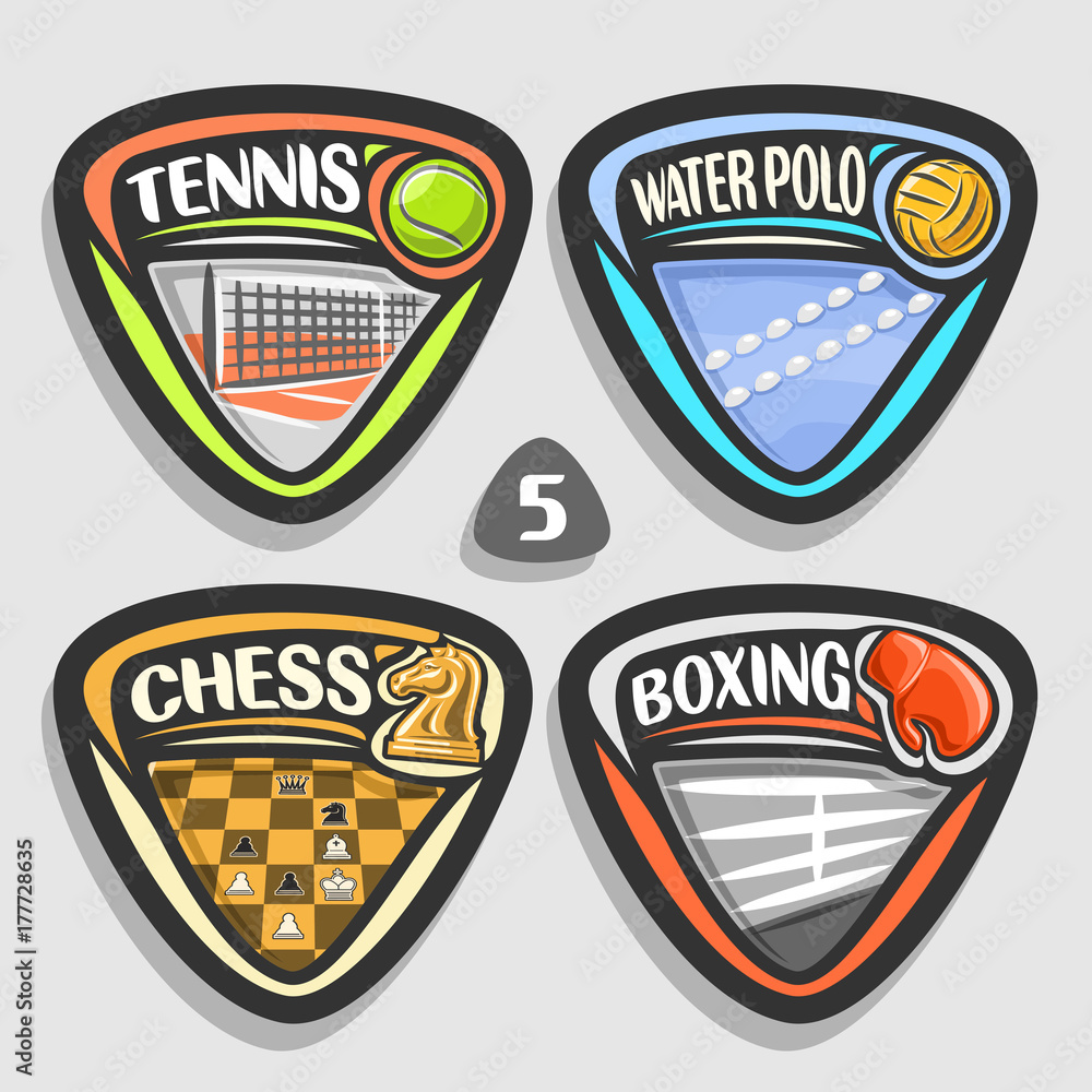 Vector set of sport logos, 4 triangle simple badges with balls, sports ...