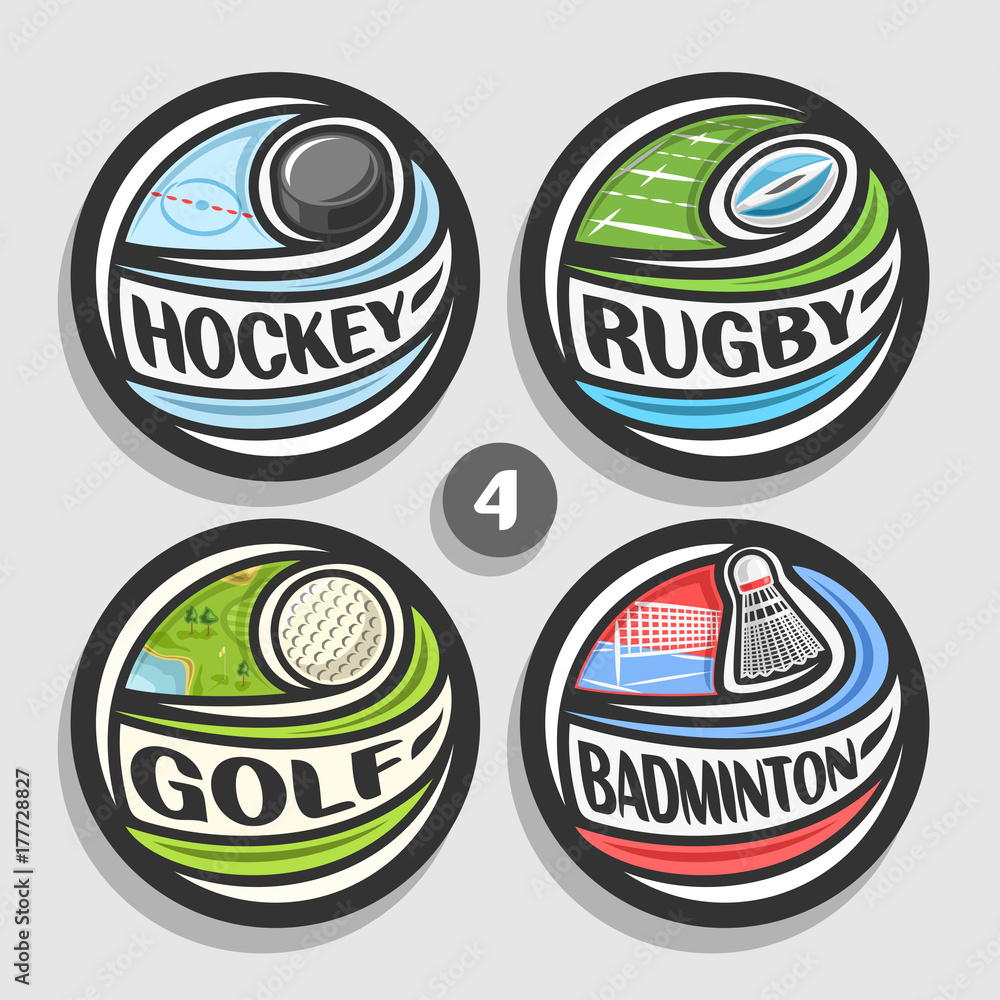 Vector set of sport logos, 4 round simple badges with flying ball on ...