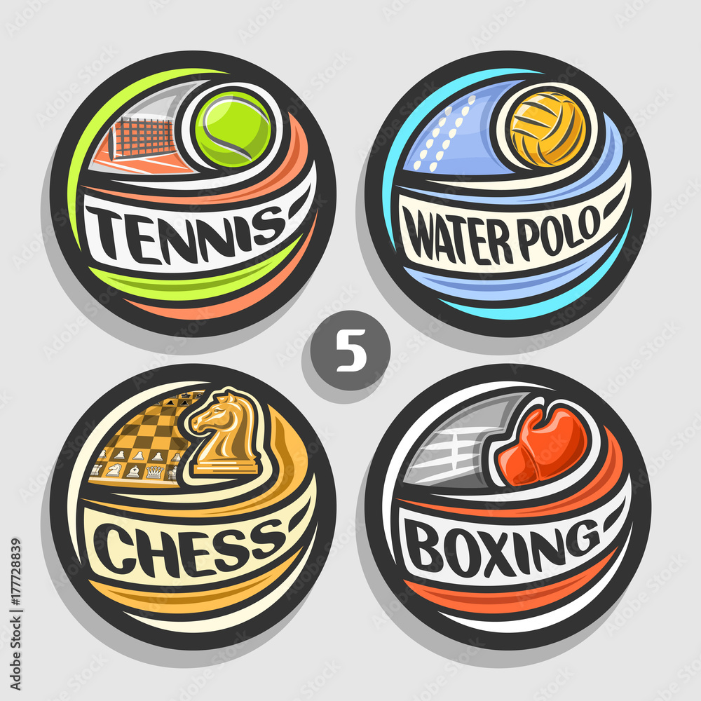 Vector set of sport logos, 4 round simple badges with flying ball on ...