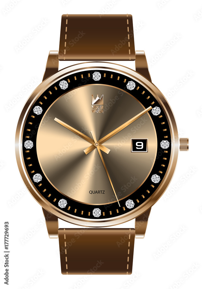 Gold wristwatch diamond brown leather strap luxury on white background ...