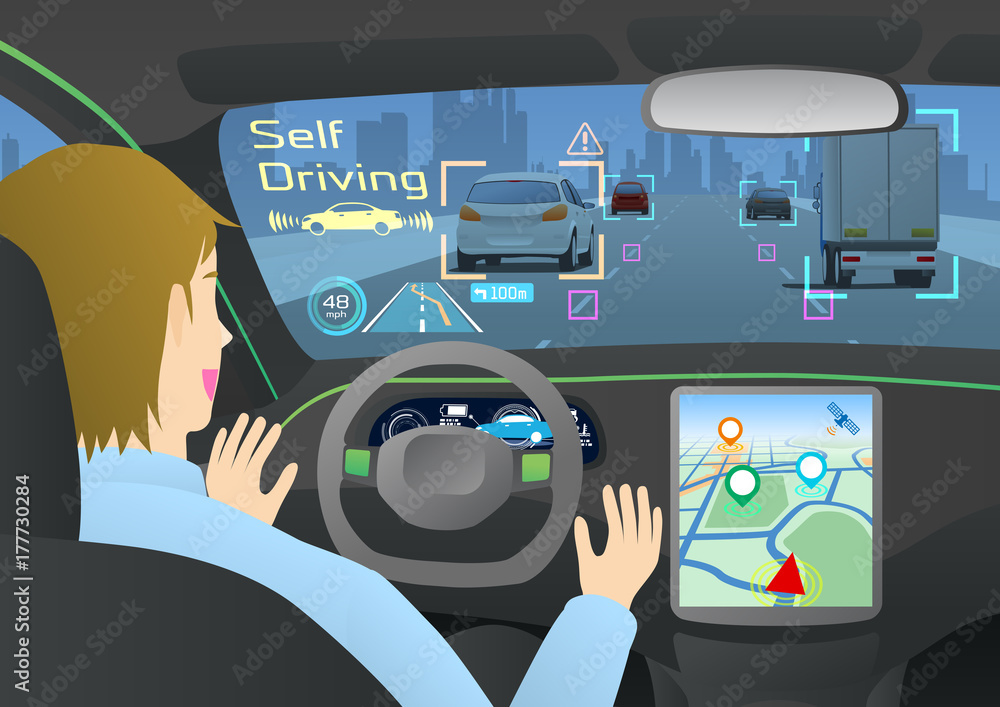 Cockpit of autonomous car. Self driving vehicle. Driverless car. Stock ...