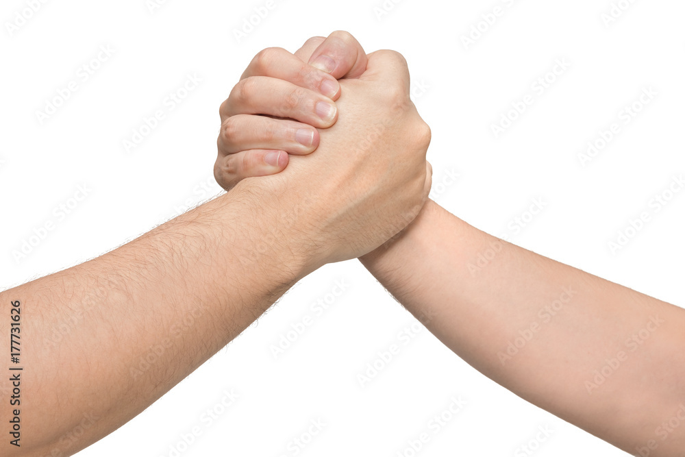 Two hands in a wrestling arm. Isolated white background Stock Photo ...
