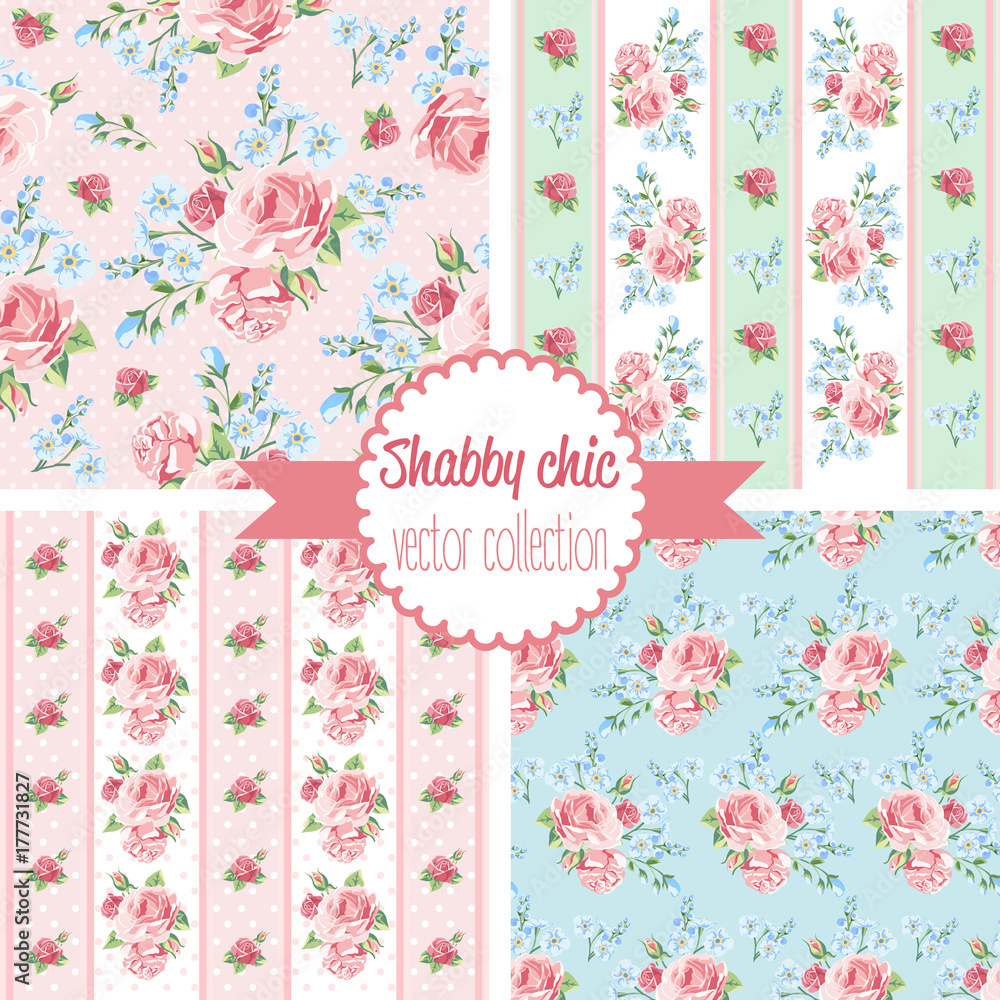 Shabby Chic Rose Patterns. Set seamless pattern. Vintage floral pattern ...