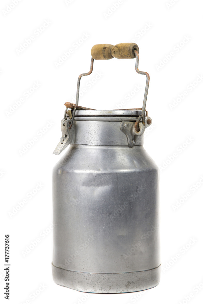 old milk container isolated in white background / portrait of a vintage ...