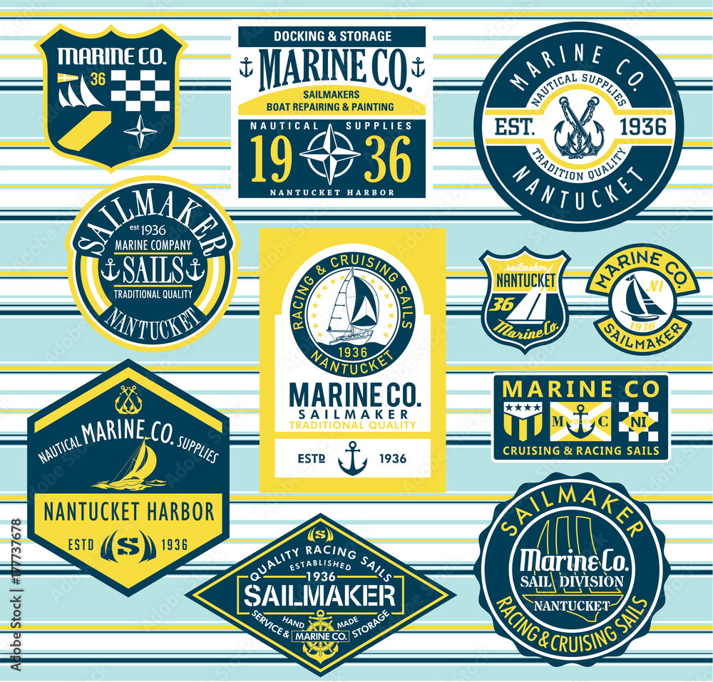 Vector collection of nautical labels for print or embroidery Stock ...