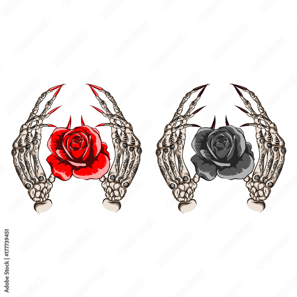 Skeleton. Hands and beautiful flowers. Tattoo Stock Vector | Adobe Stock