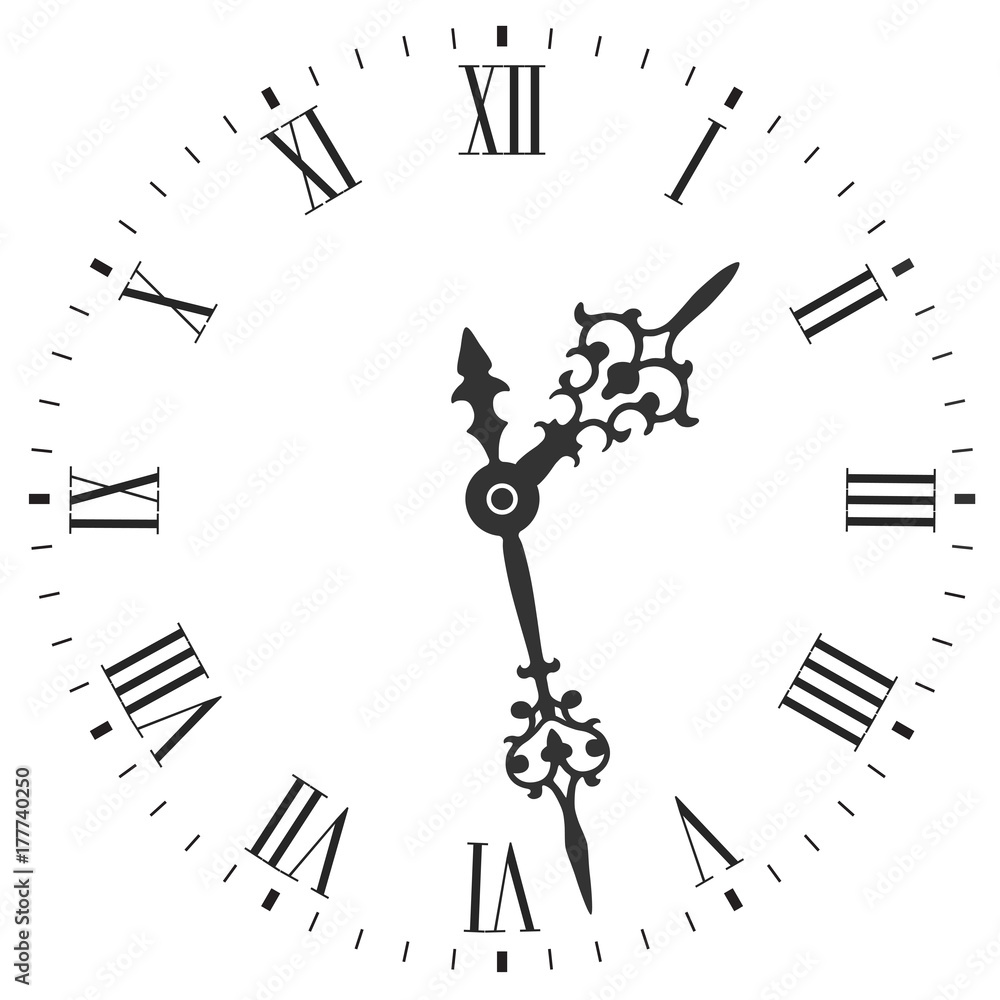 Elegant clock face with roman numerals and tick marks placed on a white ...