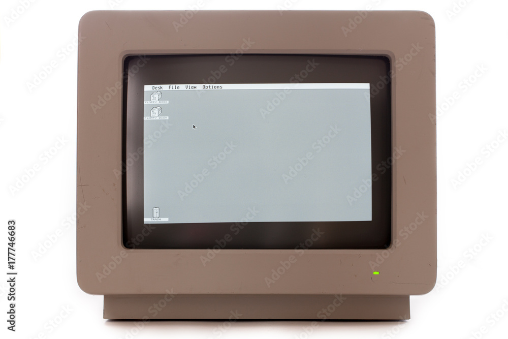 Vintage computer monitor display. Retro cathode ray tube monochrome ...