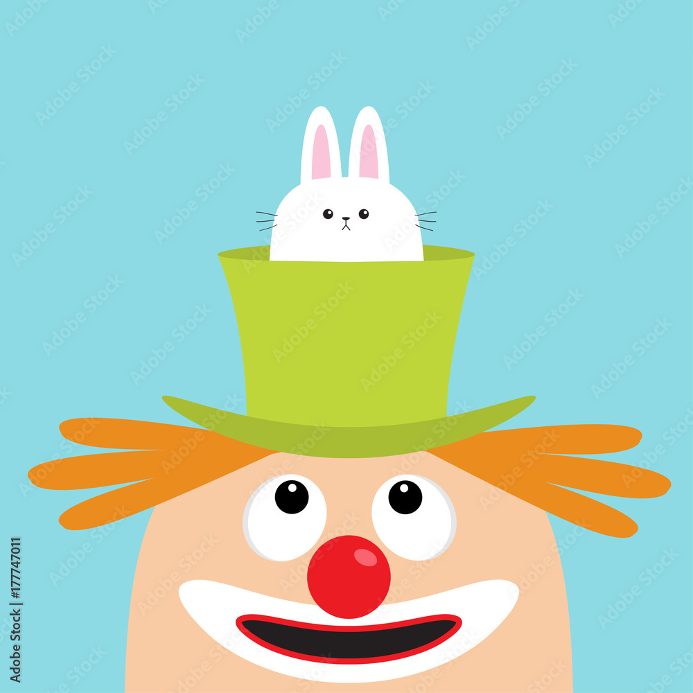 Clown face head looking up. Eyes, red nose, mouth smile, orange hair ...