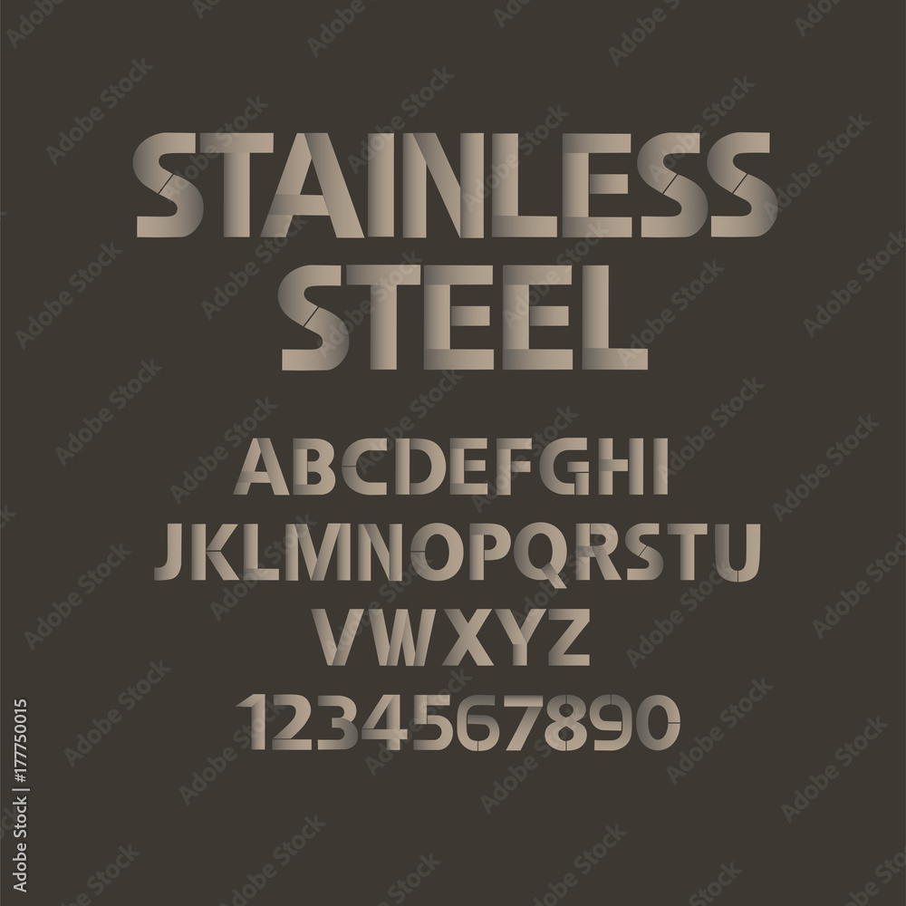 Stainless Steel alphabet with numbers. Mat metal abc vector set. Stock ...