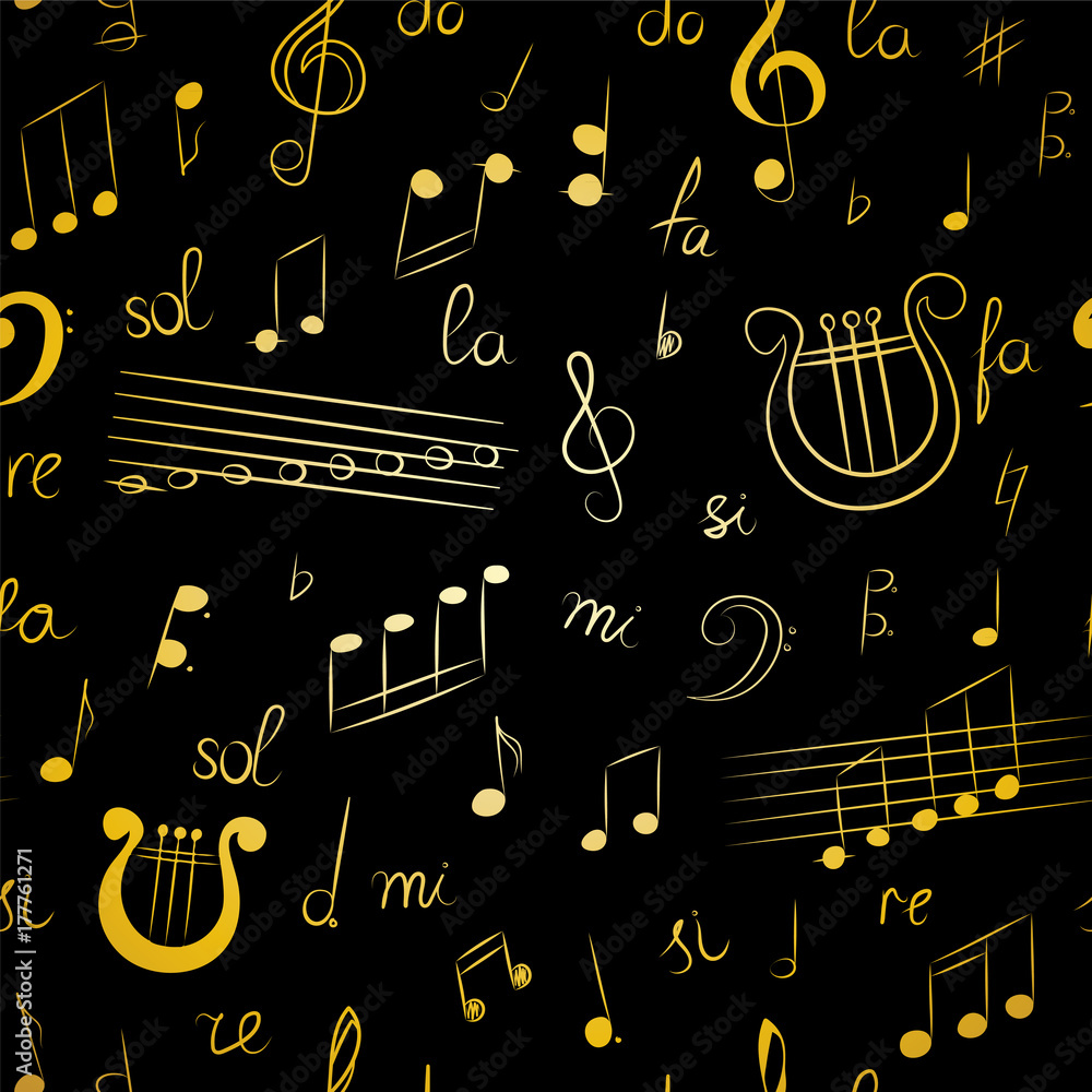 Seamless Pattern of Hand Drawn Music Symbols. Golden Doodle Treble Clef ...