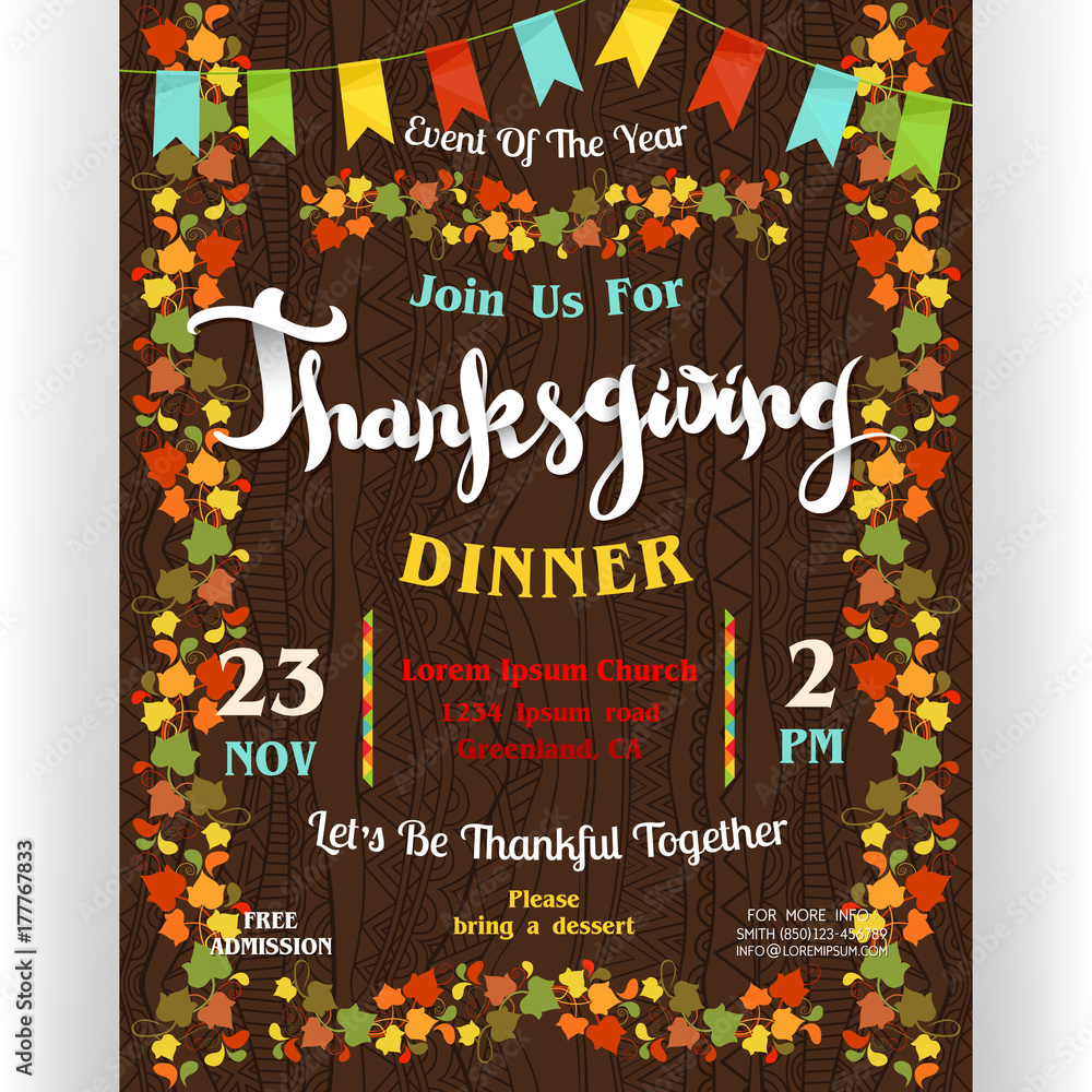 Thanksgiving dinner poster template with border from autumn leaves and ...