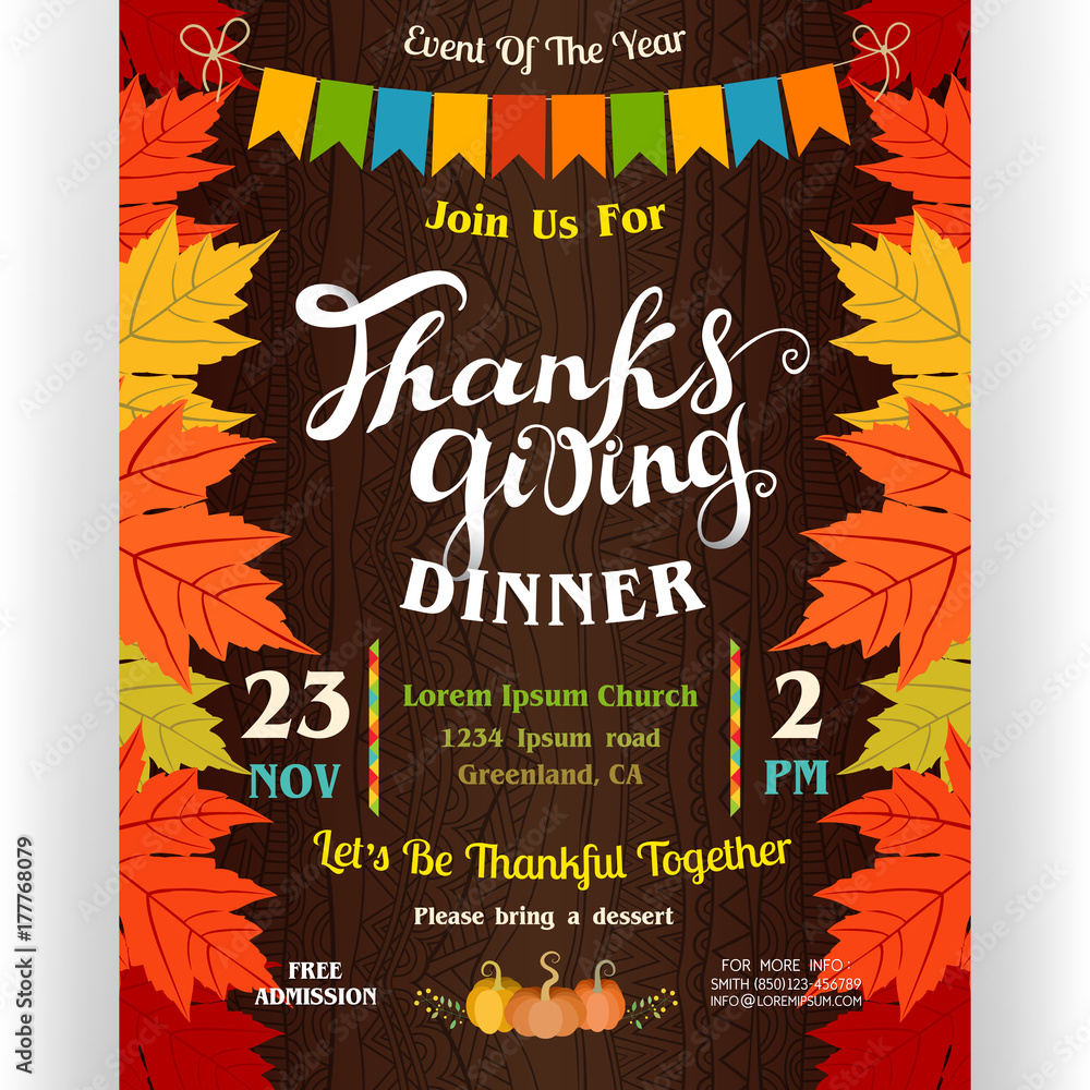 Thanksgiving dinner poster template with border from autumn leaves of ...