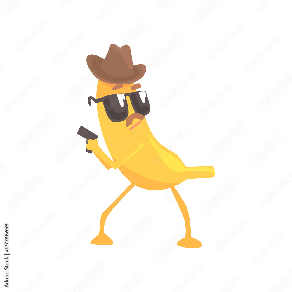 Detective banana with gun, cartoon funny fruit character vector ...