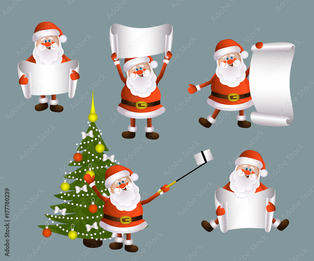 Cartoon set of Santa Claus holding blank, empty scroll banner and ...