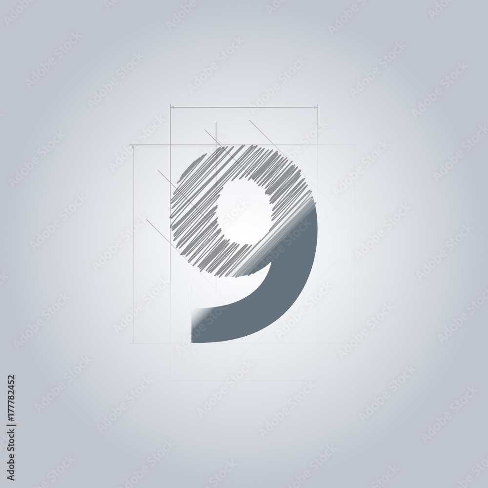 Sign Number nine. Logotype architectural design. Grey color. Blueprint ...