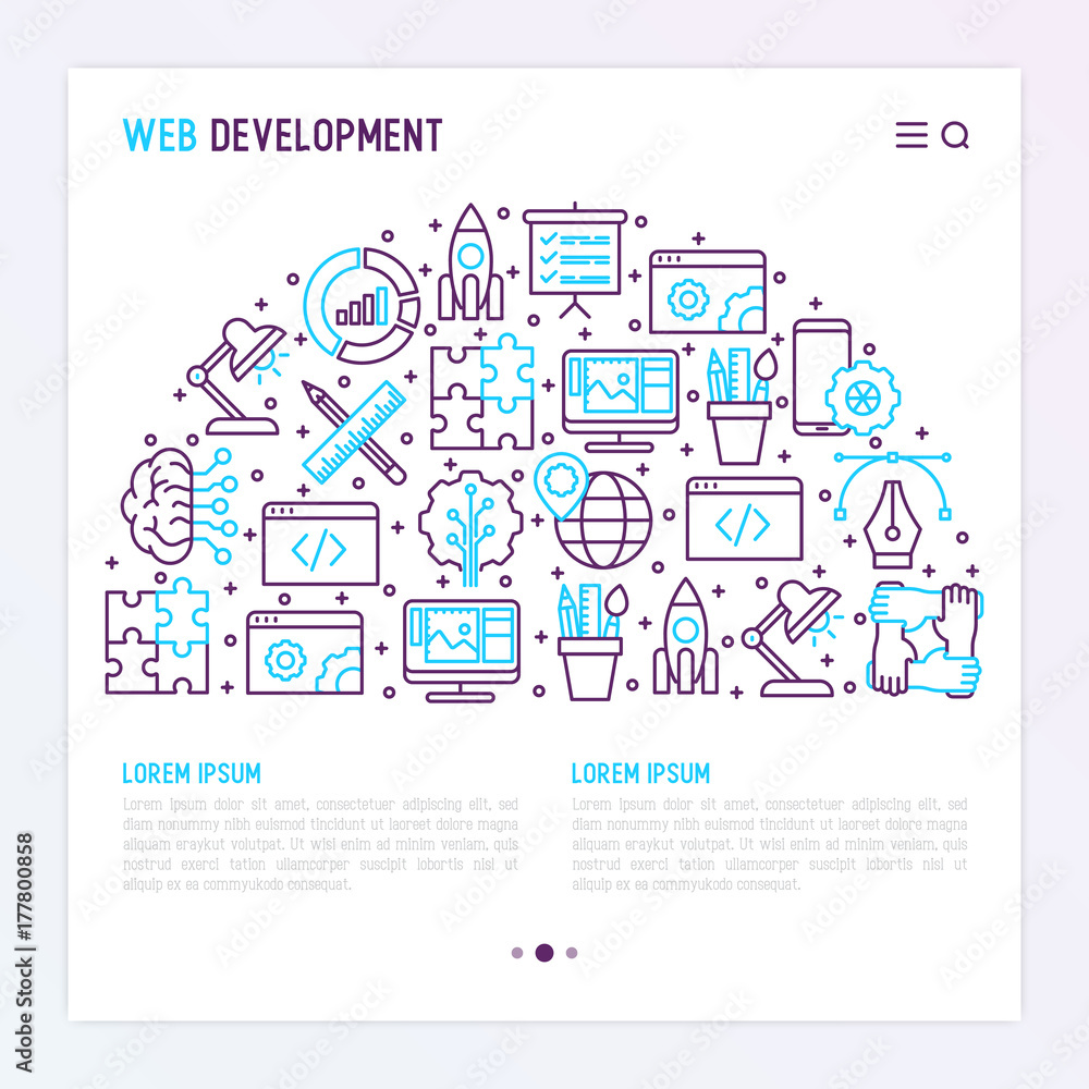 Web development concept in half circle with thin line icons of ...