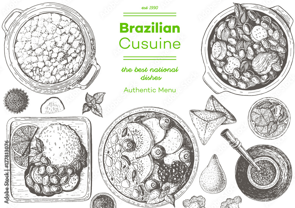 Plakat Brazilian cuisine top view frame. Brazilian food menu design ...