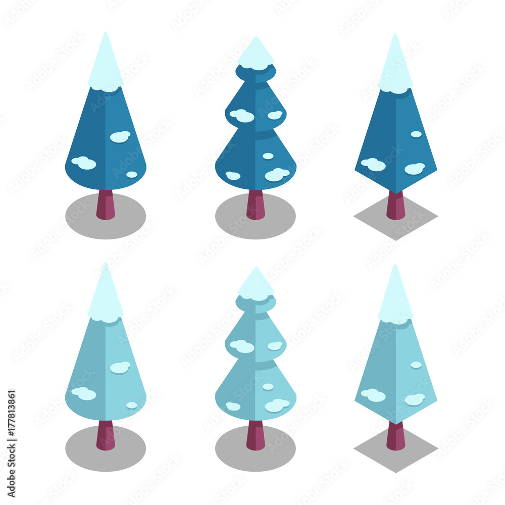 set of Christmas trees. Winter trees in the snow. Pine evergreen in ...