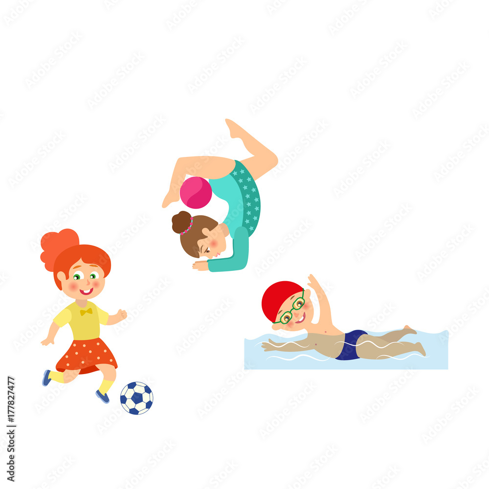 vector flat cartoon kids doing sports set. Girl playing football ...
