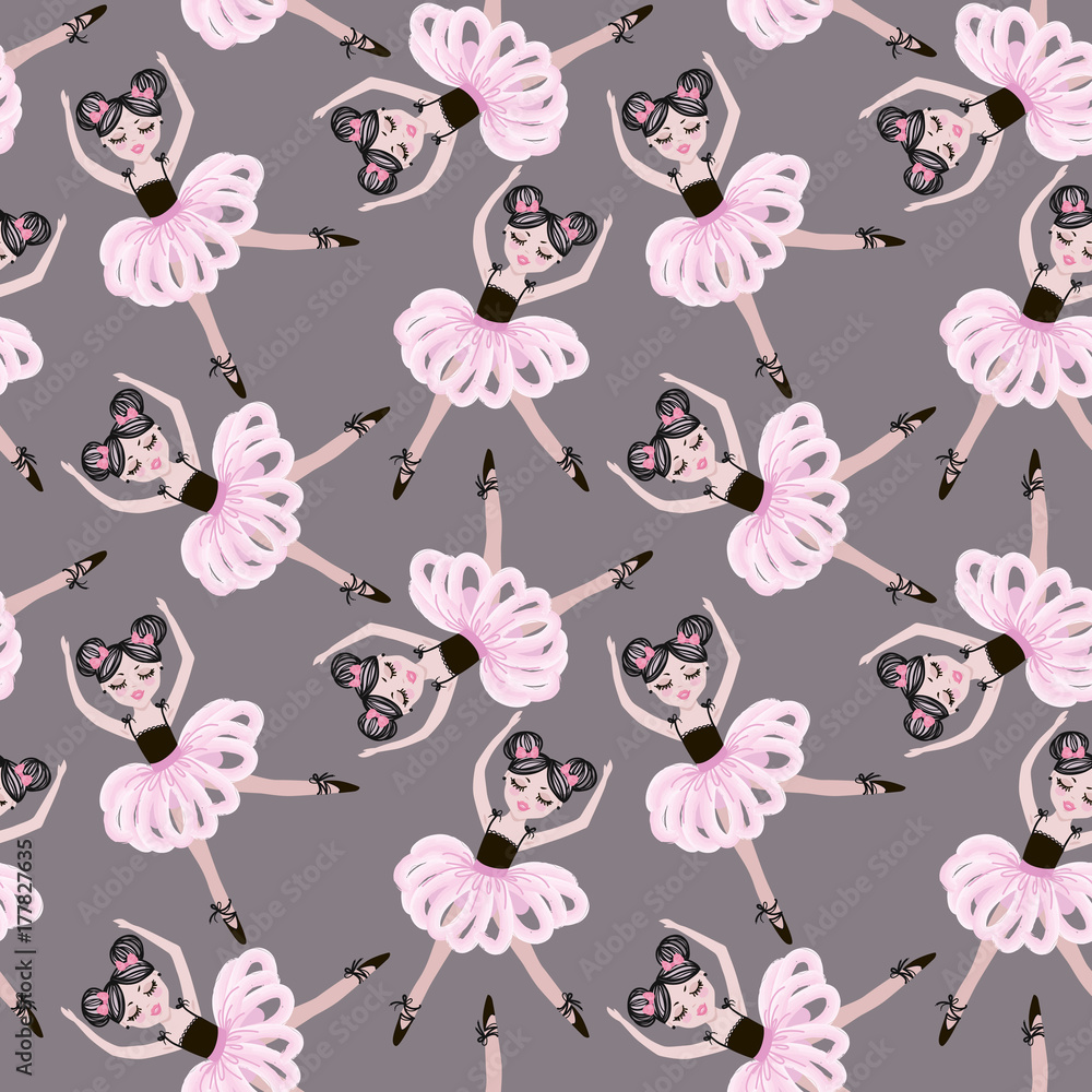 Cute dancing ballerina girls in pink tutus. Vector seamless pattern for baby and child ...