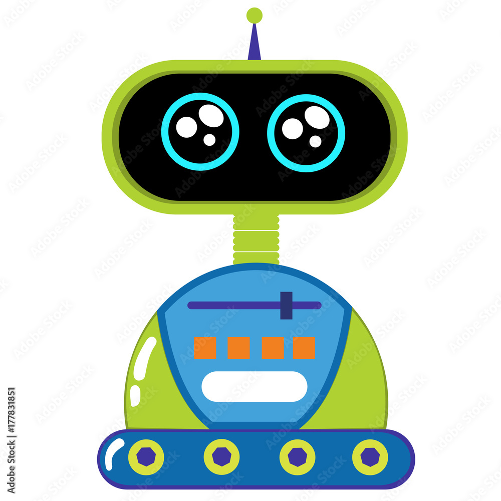 A cute robot, on wheels, with claws, big beautiful eyes. On the robot ...