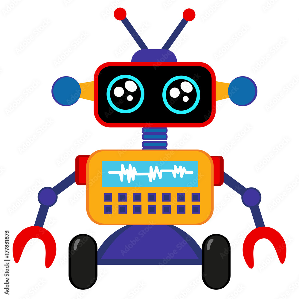 A cute robot, on wheels, with claws, big beautiful eyes. On the robot ...