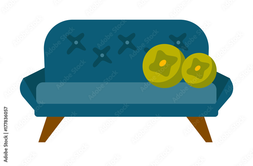 Blue soft sofa with pillows vector cartoon illustration isolated on ...