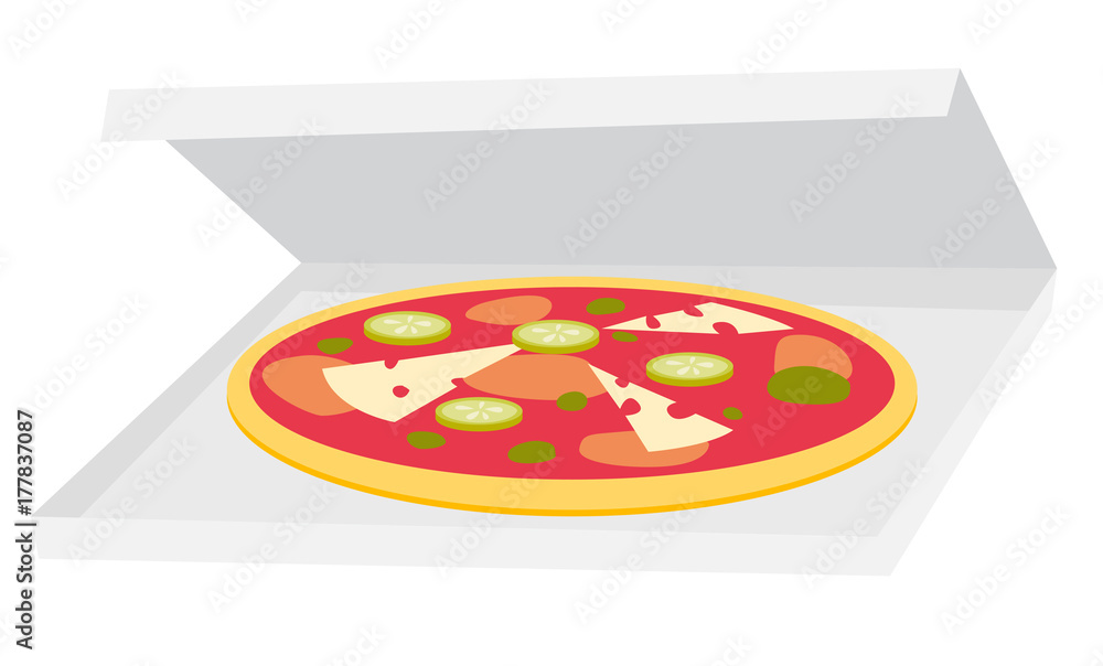 Pizza in a cardboard delivery box vector cartoon illustration isolated ...