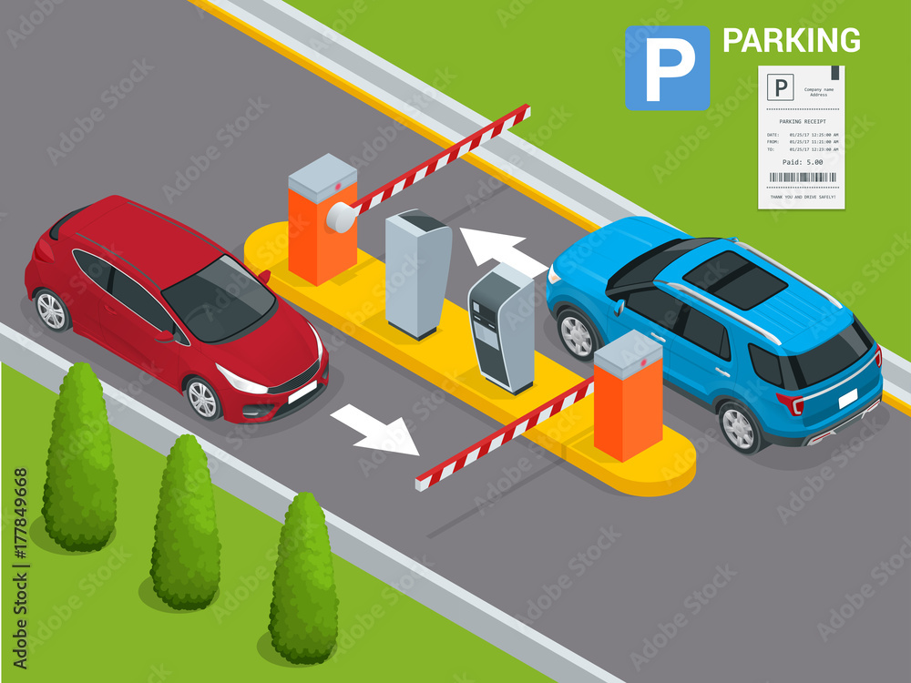 Isometric Parking payment station, access control concept. Parking ...