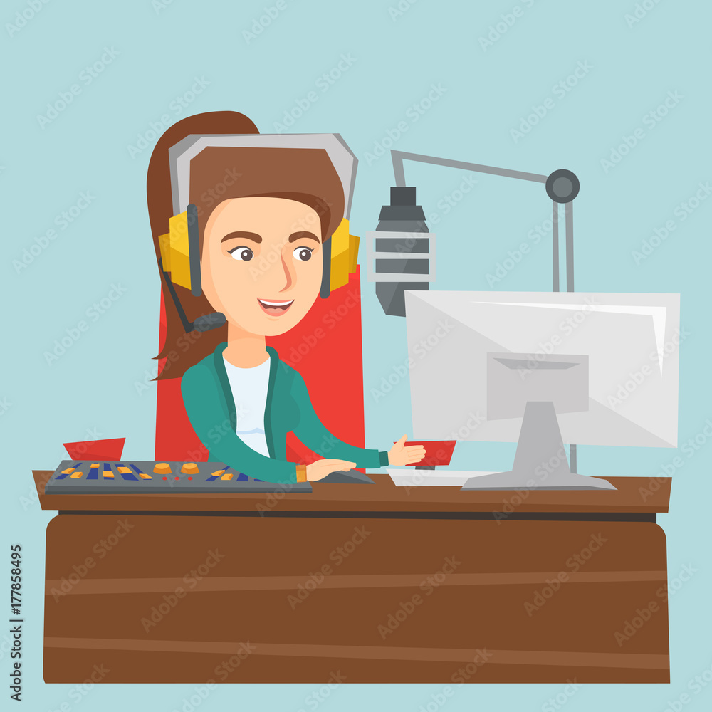 Young caucasian radio host working in front of microphone, computer and ...