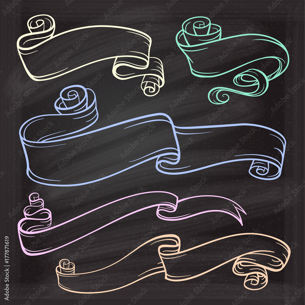 Vector set of vintage doodle scrolls and ribbons on a chalkboard ...