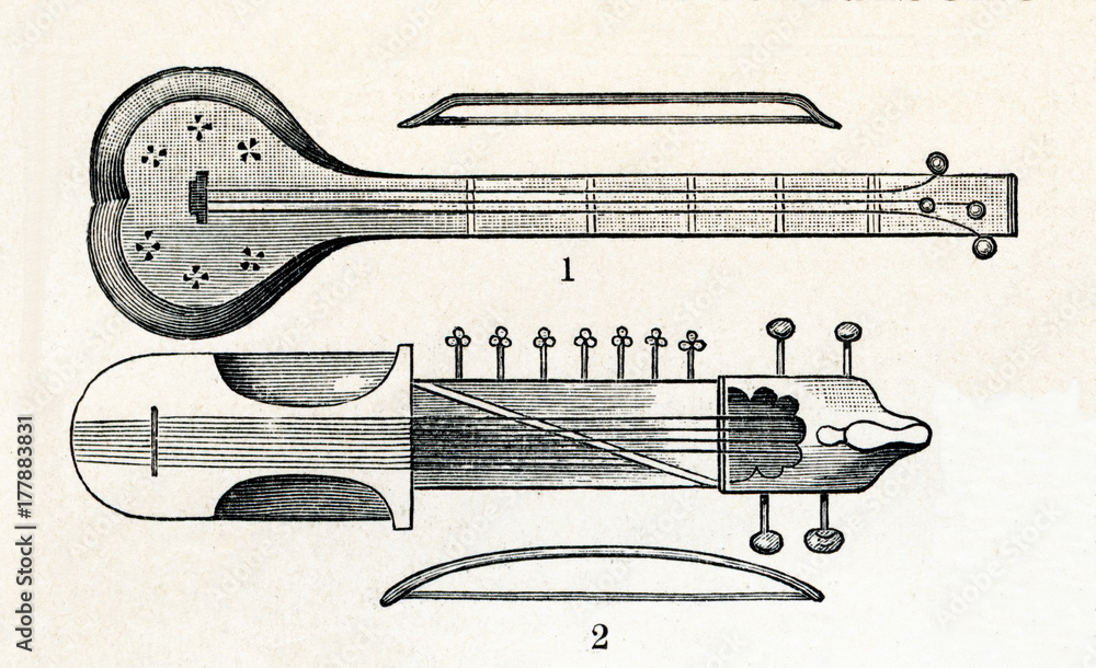 Sarangi and rabab, string instruments from India (from Meyers Lexikon ...